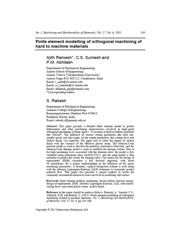 Finite Element Modelling Of Orthogonal Machining Pdf Plasticity