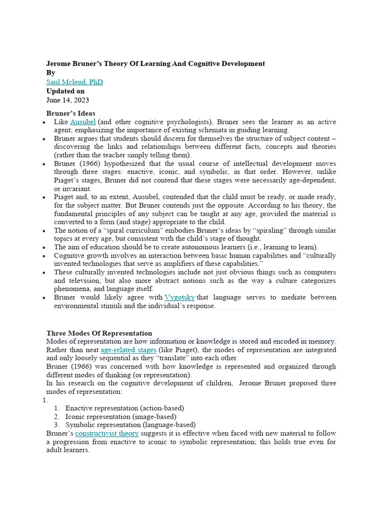 Jerome Bruner | PDF | Cognitive Development | Learning