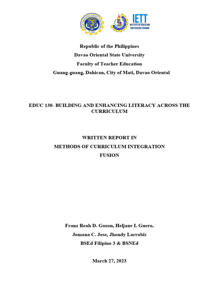 EDUC 130 WRITTEN REPORT(Fusion) | PDF | Learning | Curriculum