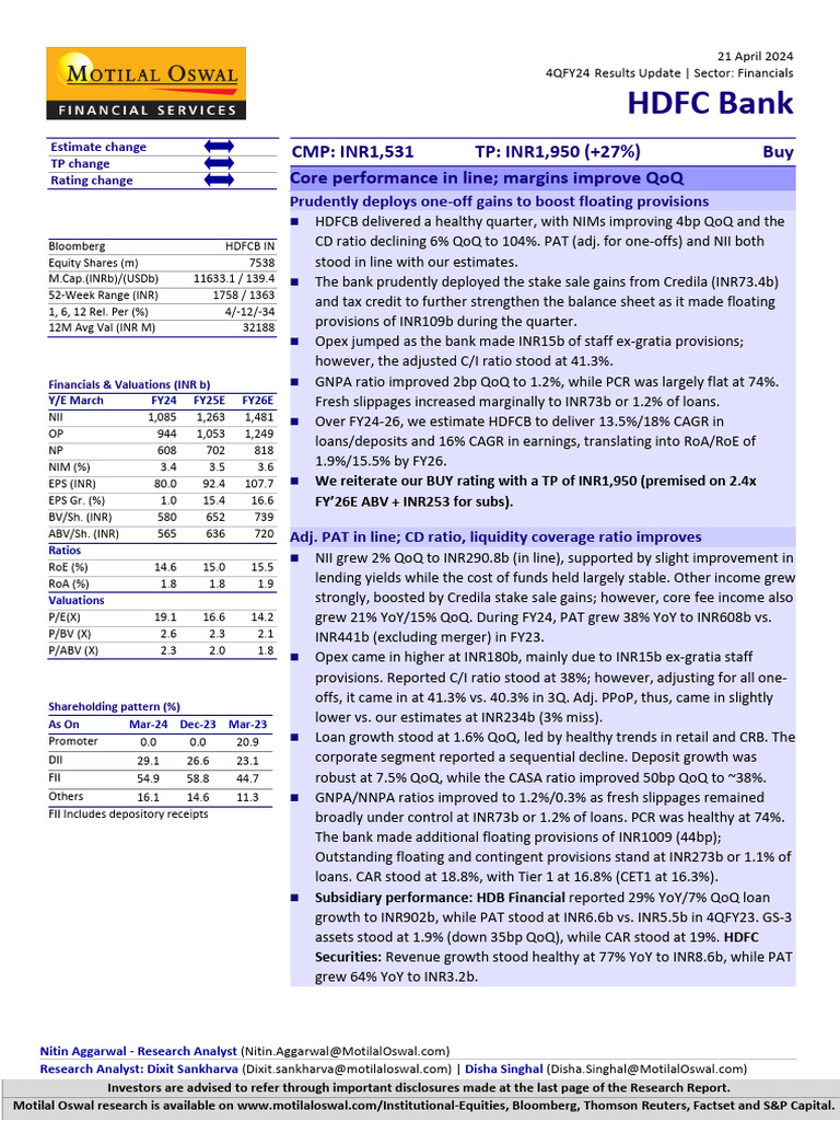 HDFCB 20240421 Mosl Ru PG014 | PDF | Banks | Pricing