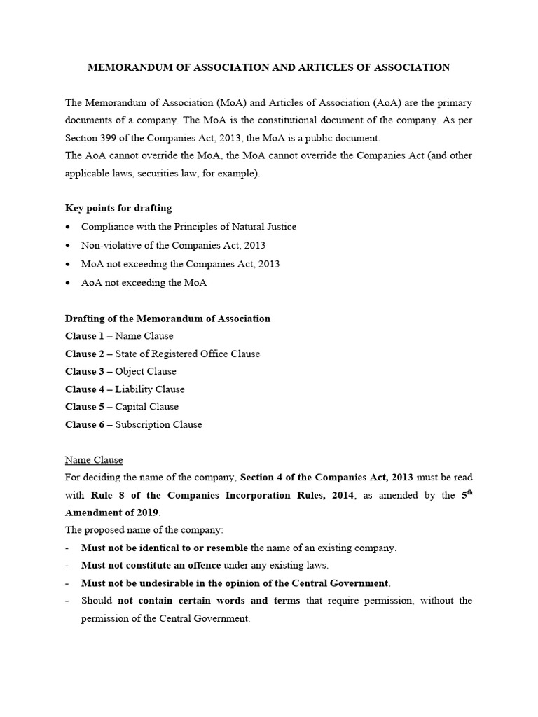 MoA and AoA (Drafting) | PDF | Articles Of Association | Companies