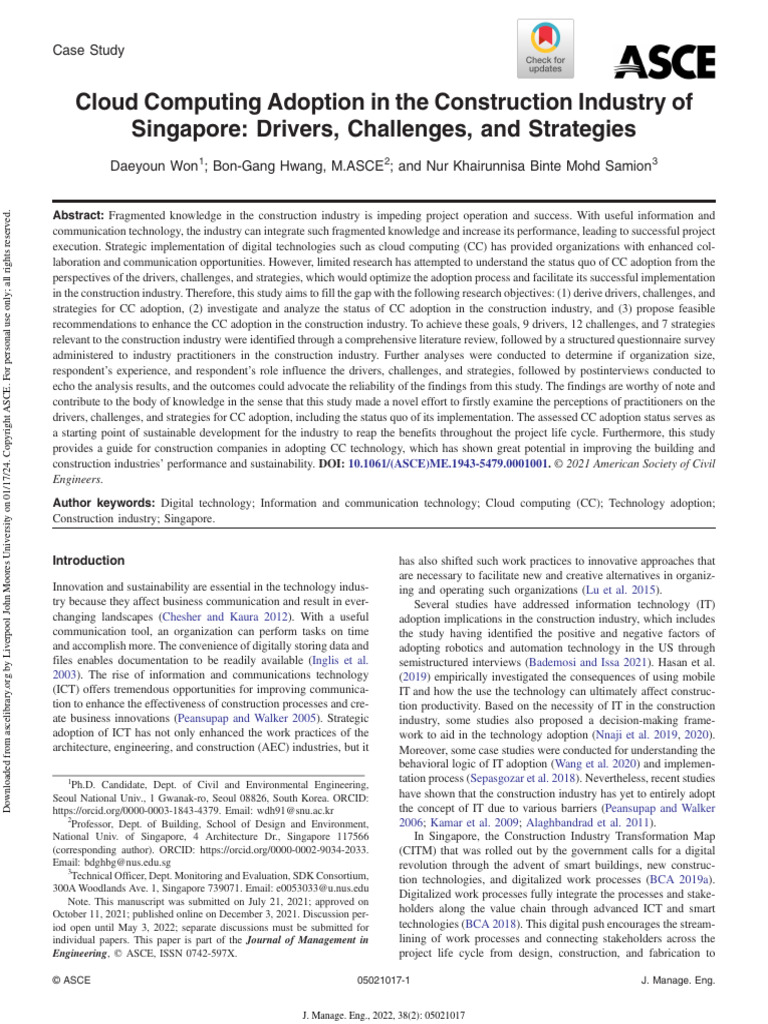 Cloud Computing Adoption in The Construction Industry OfSingapore Drivers, Challenges, and ...