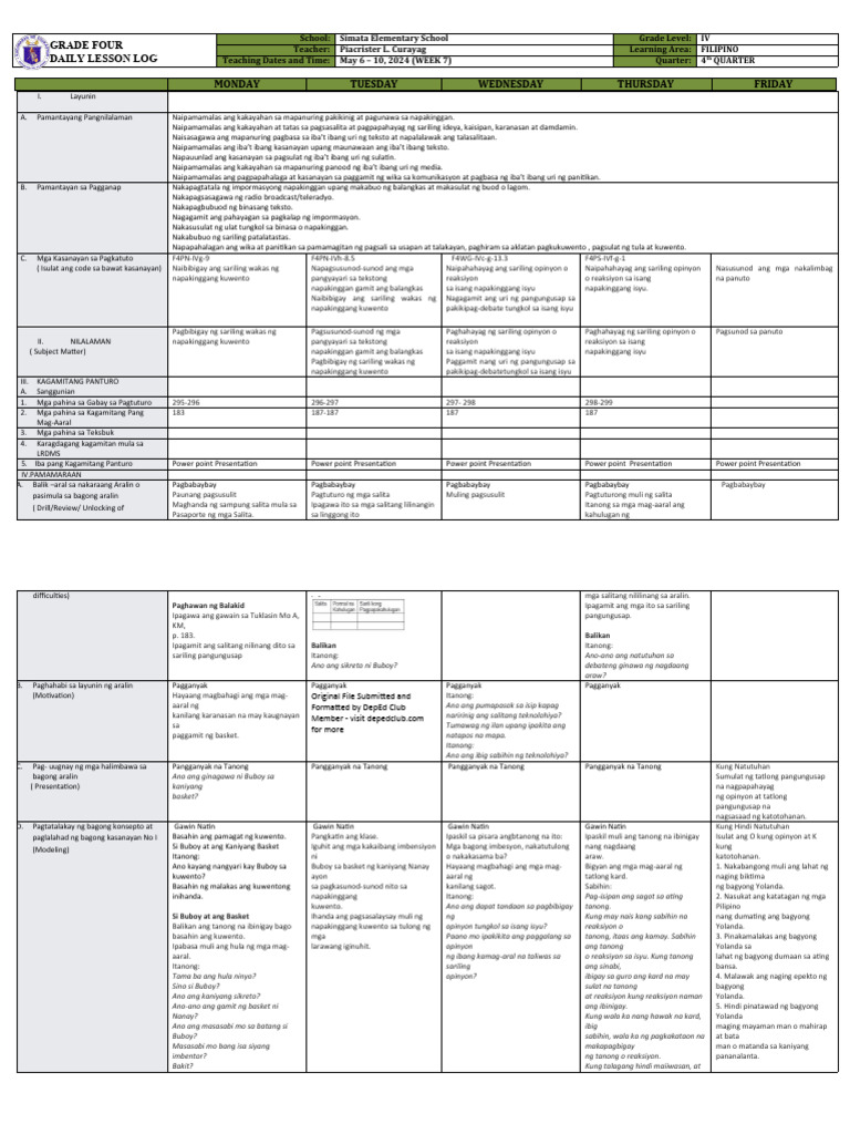 DLL - Filipino 4 - Q4 - W7 | PDF