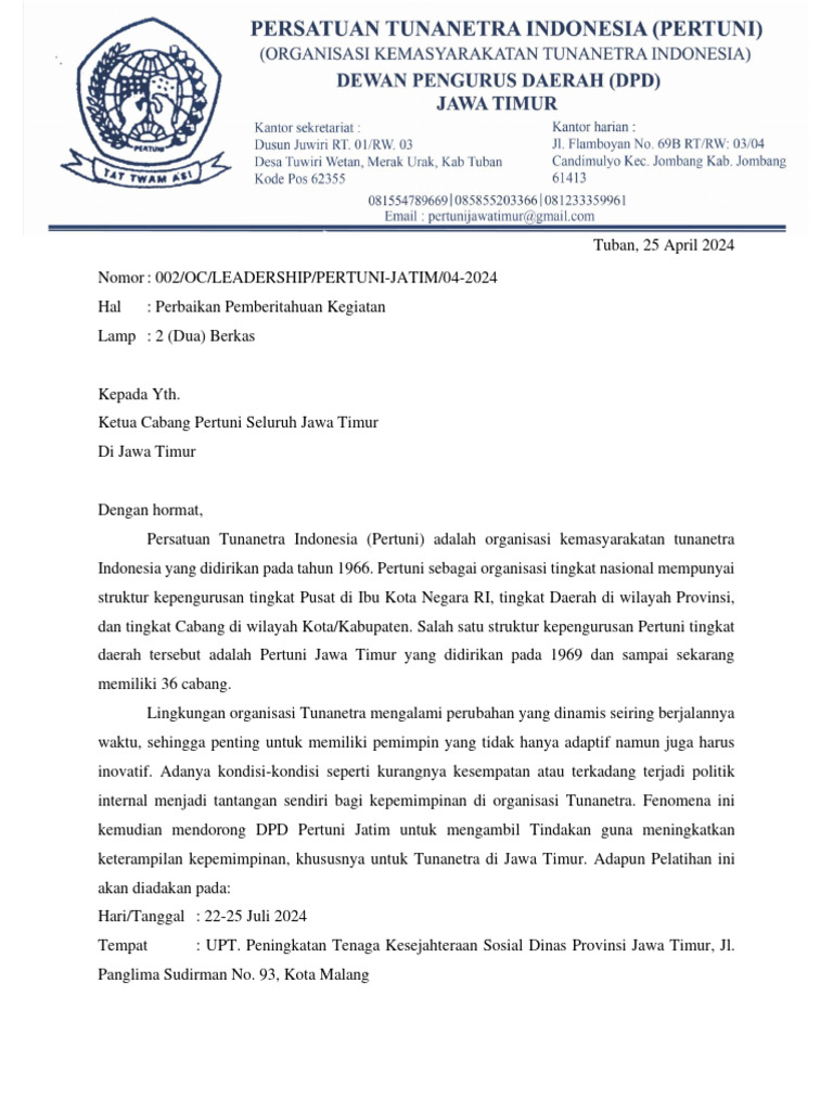 Pelatihan Kepemimpinan Pertuni Jatim | PDF