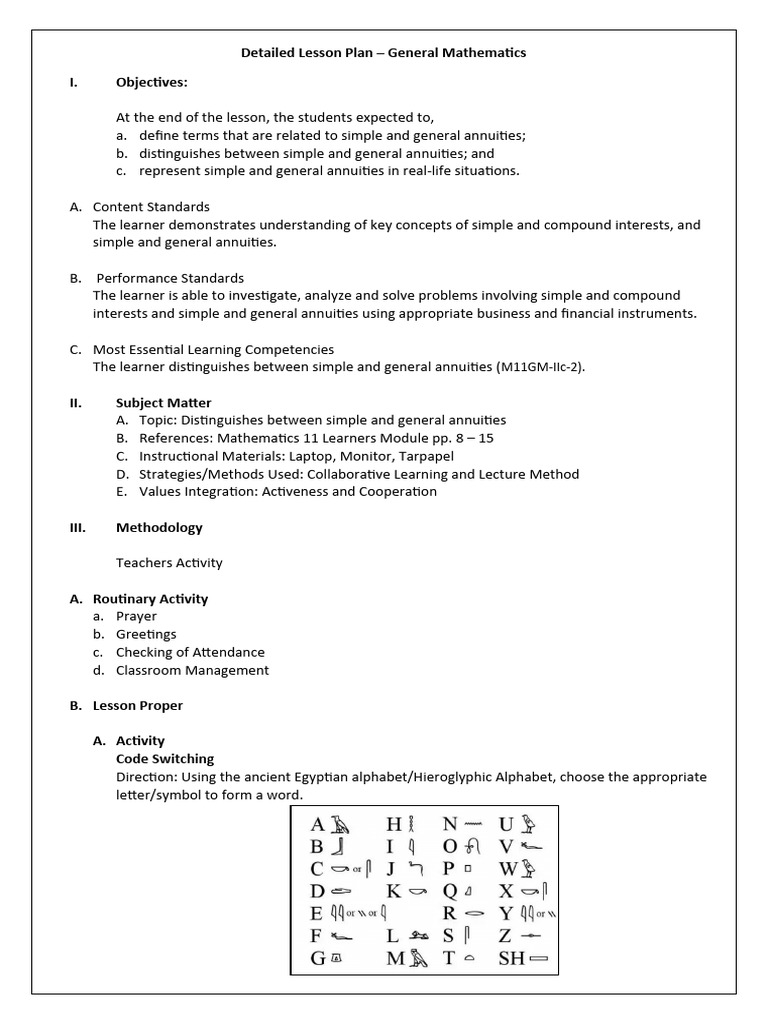 Detailed Lesson Plan Simple and General Annuities Hieroglipics | PDF ...
