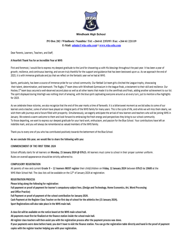 Letter To Parents and Learners of WHS - 1 December 2023 | PDF ...
