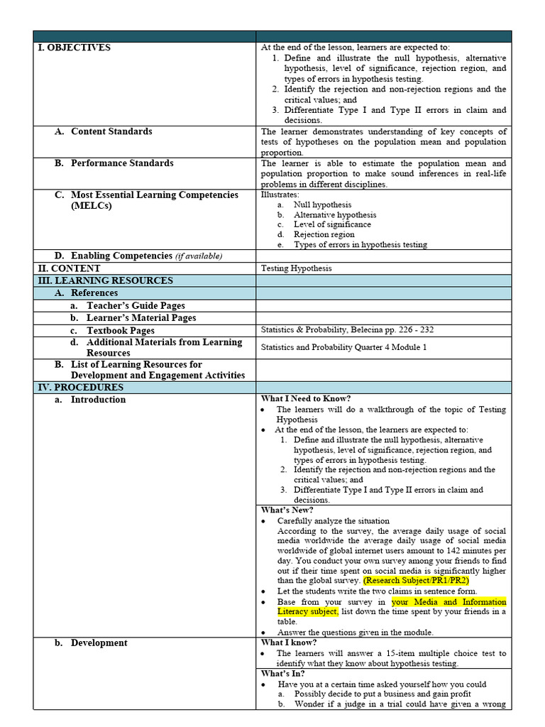 Lesson Exemplar Pdf Statistical Hypothesis Testing Hypothesis 2288