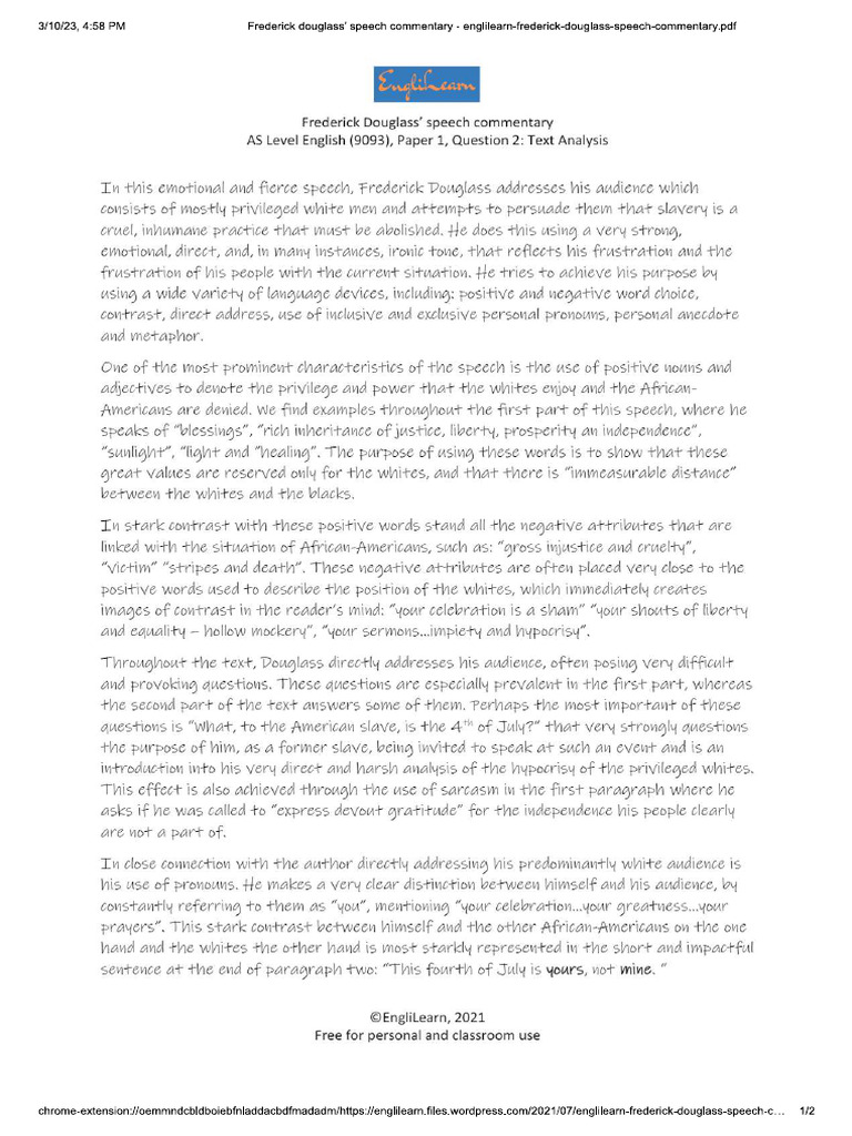 Text Analysis of Frederick Douglass' Speech Commentary as Level English ...