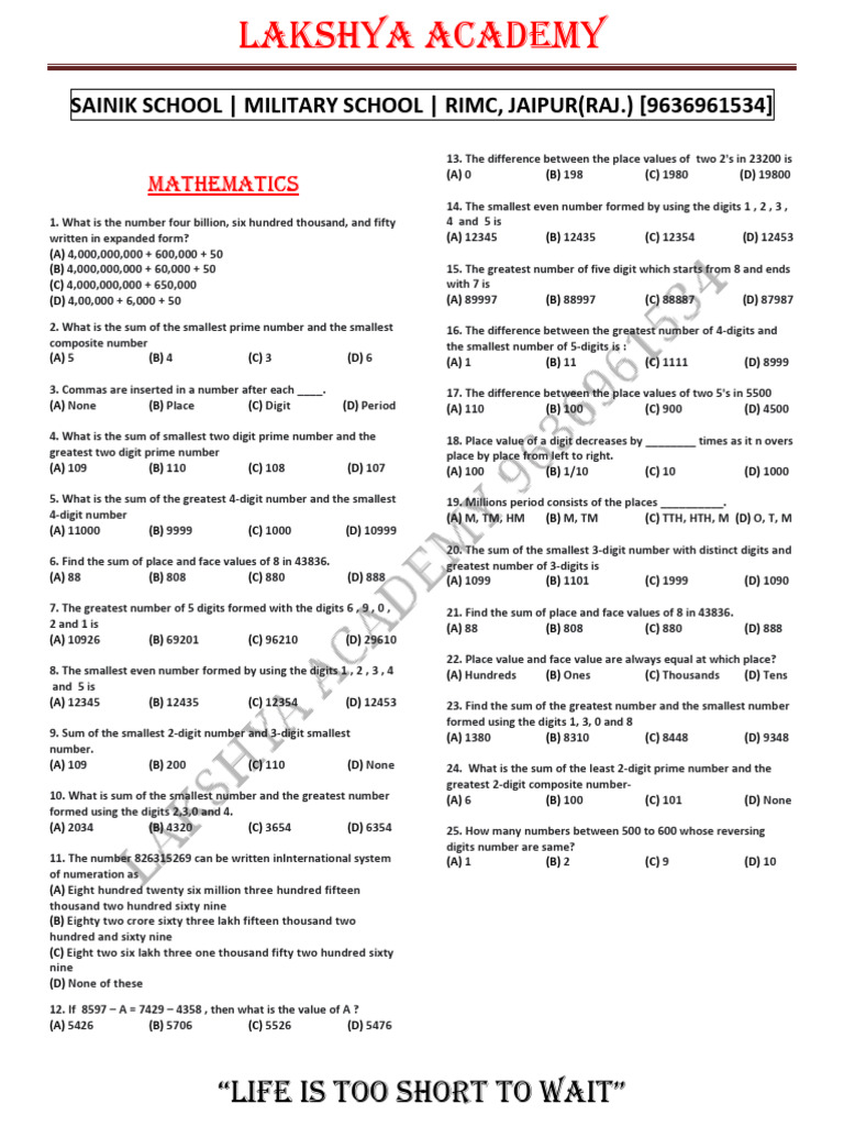 Math & GK Quiz for Military Schools | PDF | Numbers | Arithmetic