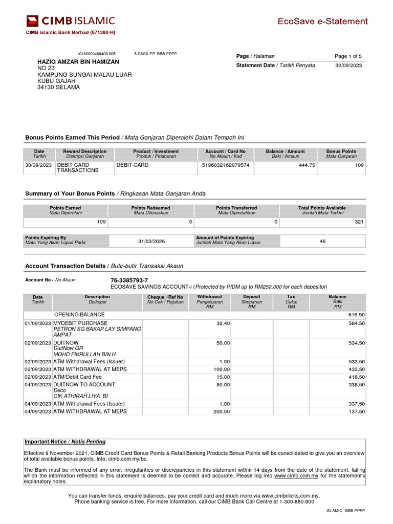 NO 23 Kampung Sungai Malau Luar Kubu Gajah 34130 SELAMA: Haziq Amzar Bin Hamizan | PDF | Debit ...