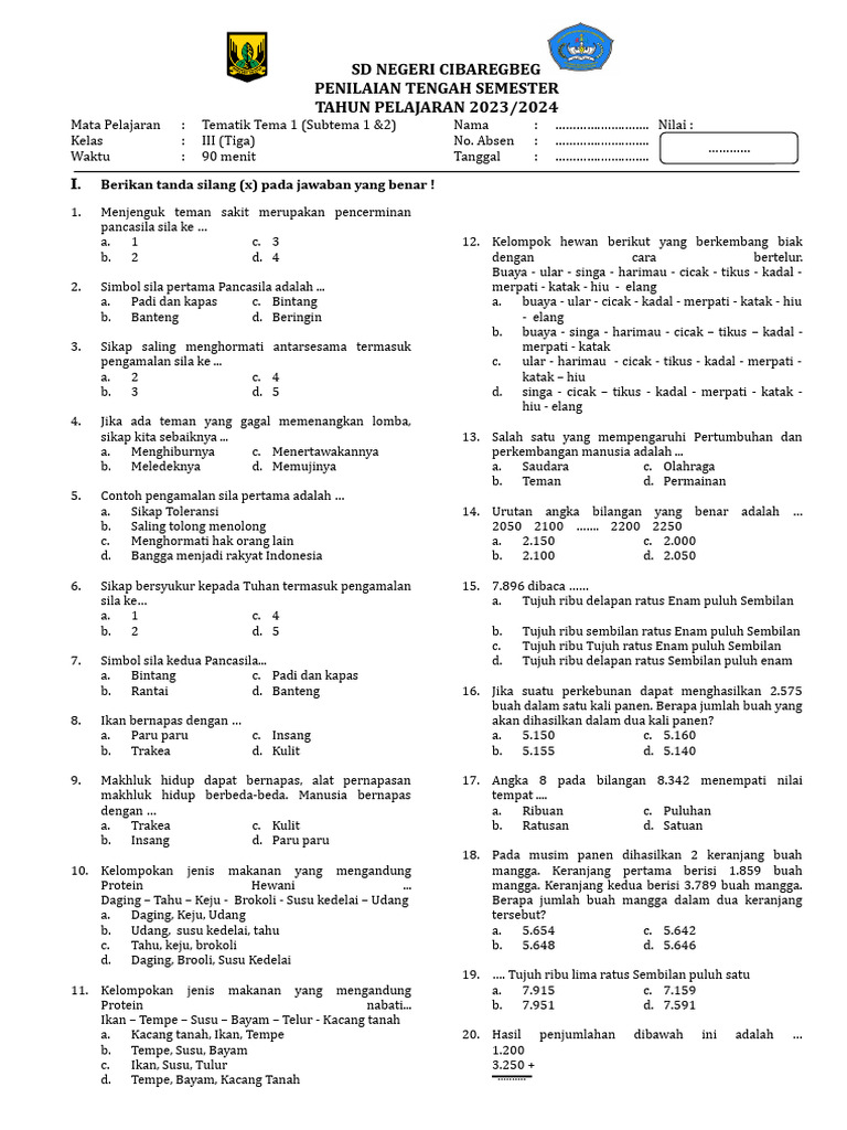 SOAL PTS KELAS 3 TEMA 1 Bagian 1 NEW | PDF