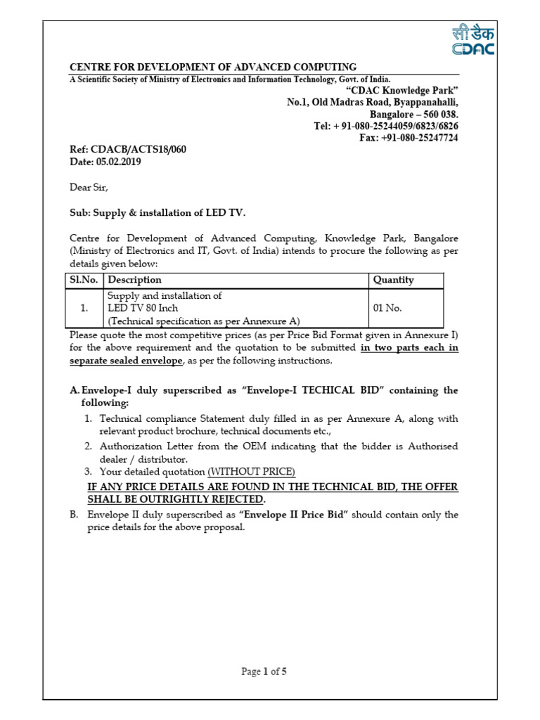 LED TV Supply Tender by CDAC Bangalore | PDF | Hdmi | Electronics