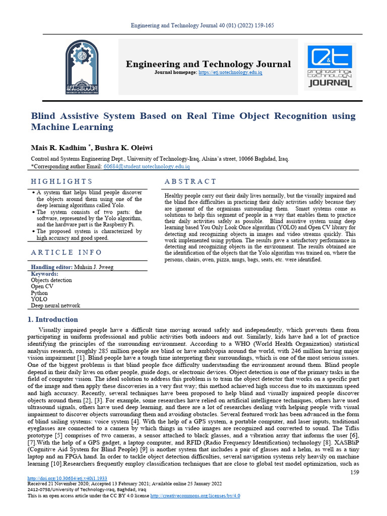 Blind Assistive System Based On Real Time Object Recognition Using Machine Learning | PDF | Deep ...