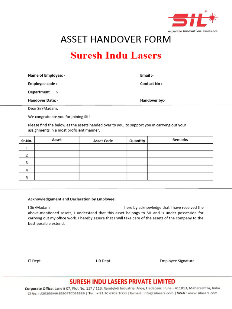 Asset handover from - Copy | PDF