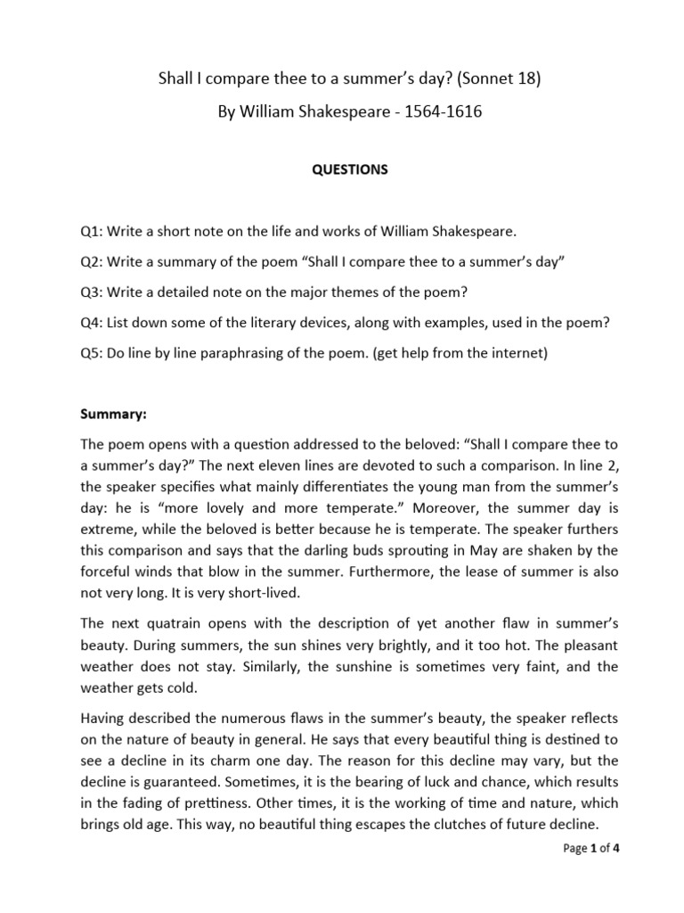 Notes - Shall I Compare Thee by William Shakespeare | PDF | Poetry ...