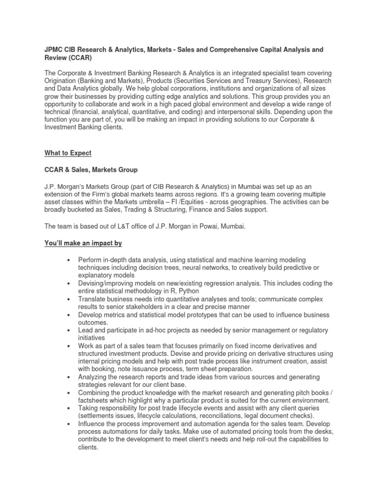 Project 4 - JPMC CIB Research & Analytics, Markets - Sales and CCAR | PDF | Analytics | Data ...