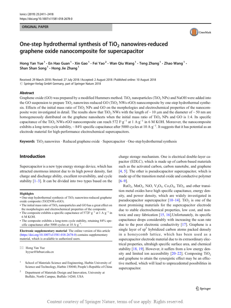 One Step Hydrothermal Synthesis Of Tio2 Nanowires Pdf Graphene Applied And