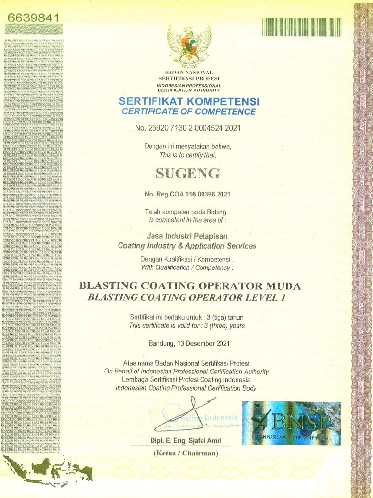 BNSP Coating Operator MUda Exx 13 Des 2024 - Sugeng | PDF