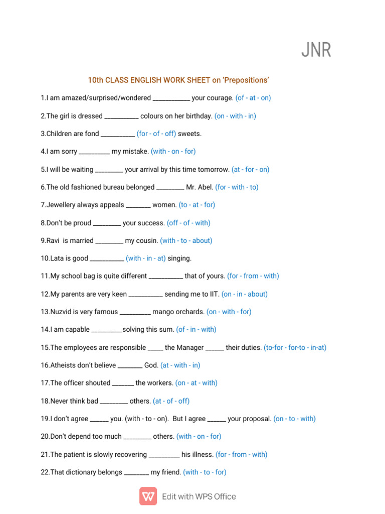 10th Class English Prepositions Worksheet | PDF