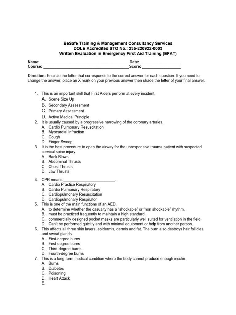 Emergency First Aid Training Evaluation | PDF | First Aid ...