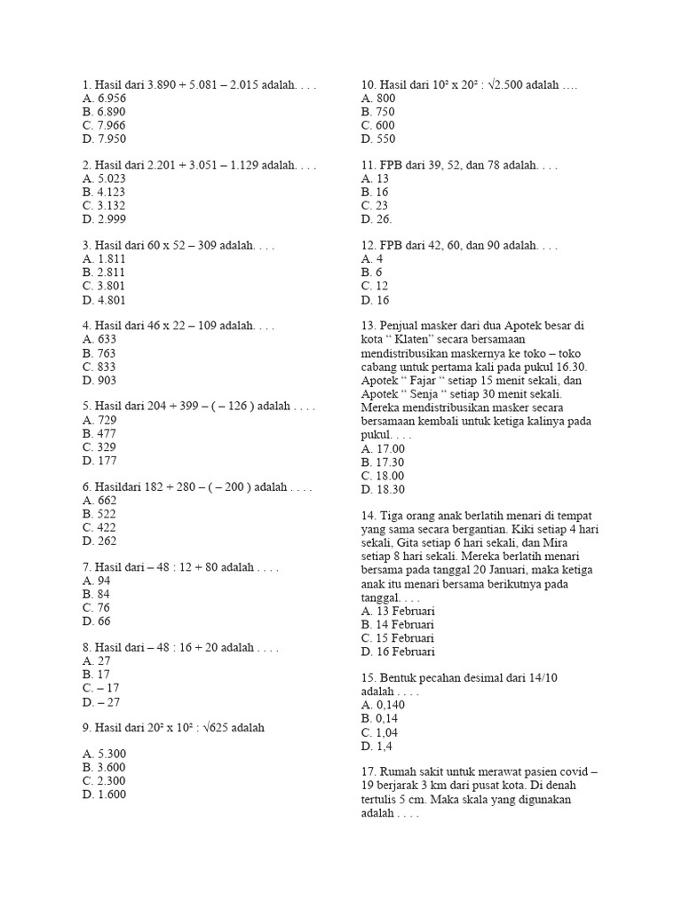 Bank Soal MTK Kelas 6 | PDF