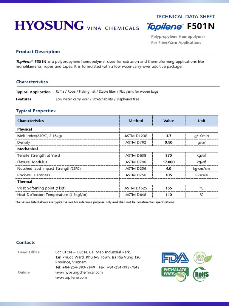 Data Sheet - PP F501N Topilene | PDF | Fibers | Secondary Sector Of The ...