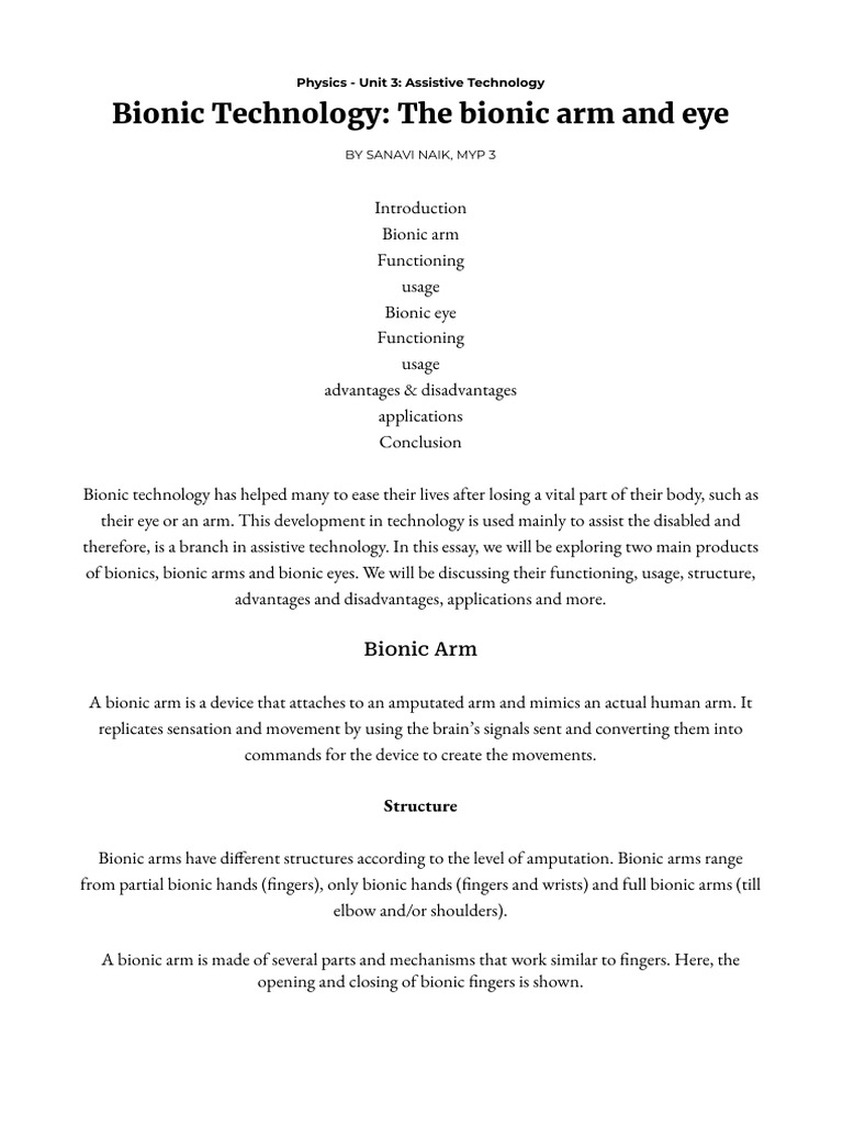 Essay On Bionic Arm and Bionic Eye | PDF | Prosthesis | Arm