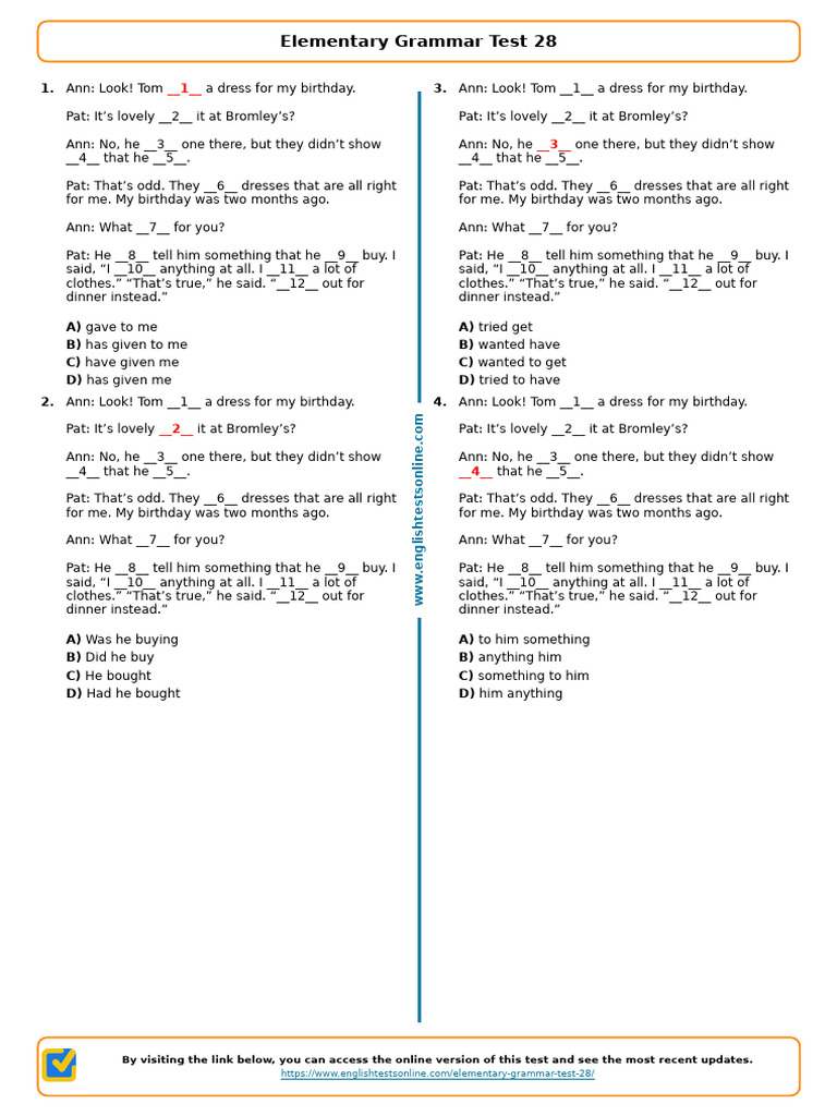 1559 - Elementary Grammar Test 28 | PDF