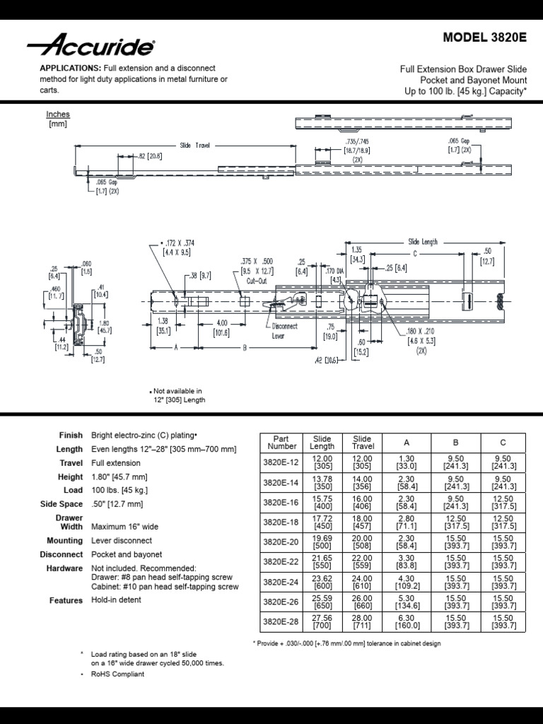 100 lb Full Extension Drawer Slide 3820E | PDF | Engineering Tolerance