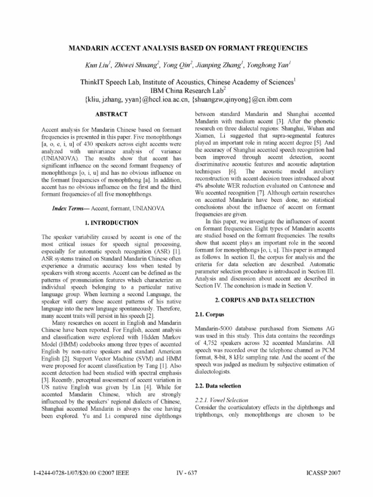 Mandarin Accent Analysis Based On Formant Frequencies | PDF | Mandarin ...
