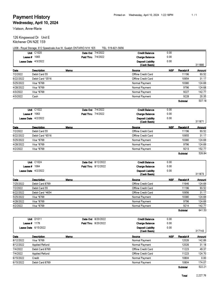Payment History for Royal Storage Units | PDF | Credit Card | Payments