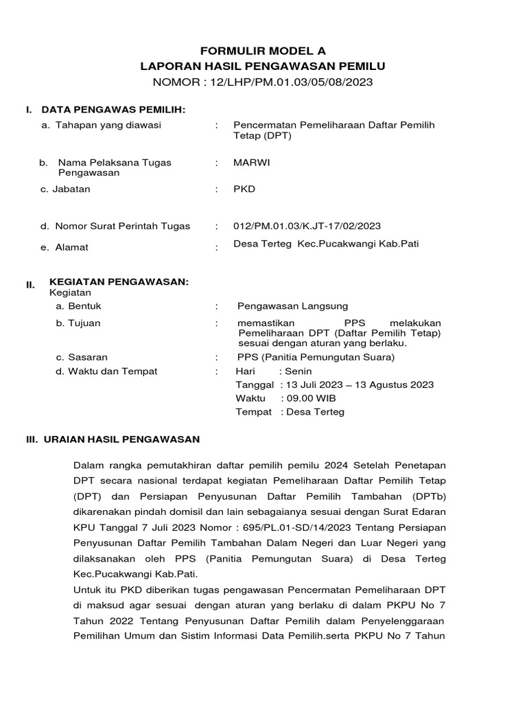 FORM A PENCERMATAN PEMELIHARAAN DPT TERTEG - Agsts | PDF