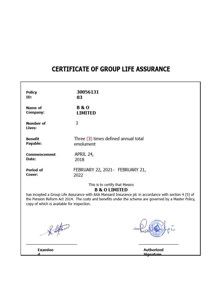 Group Life Assurance Certificate | PDF