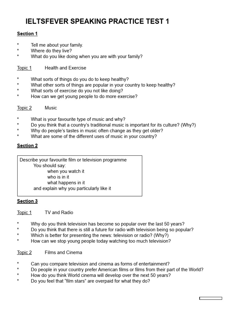 IELTS Fever Speaking Practice Test 1 | PDF