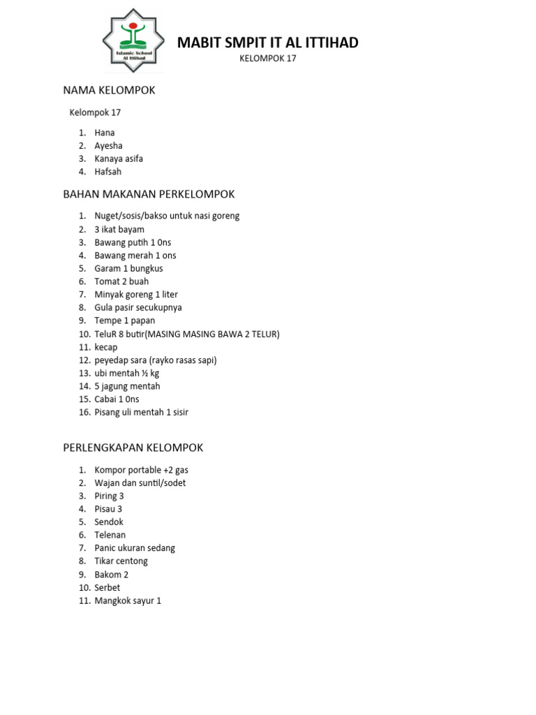 Bahan dan Perlengkapan MABIT SMPIT | PDF