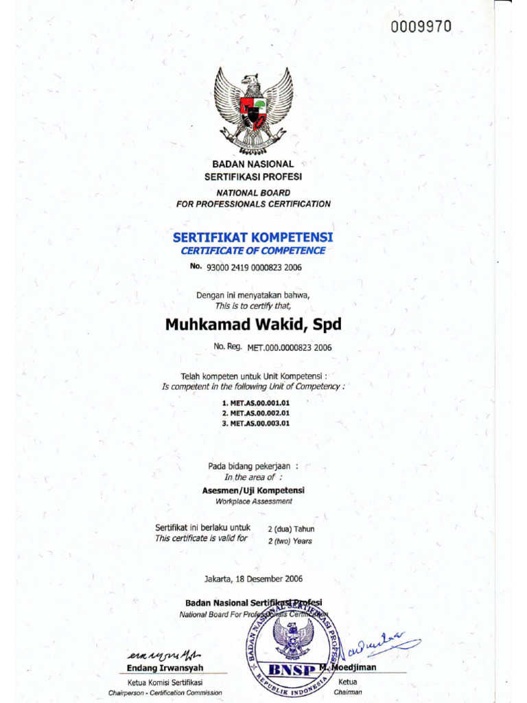 Sertifikat Asesor BNSP | PDF