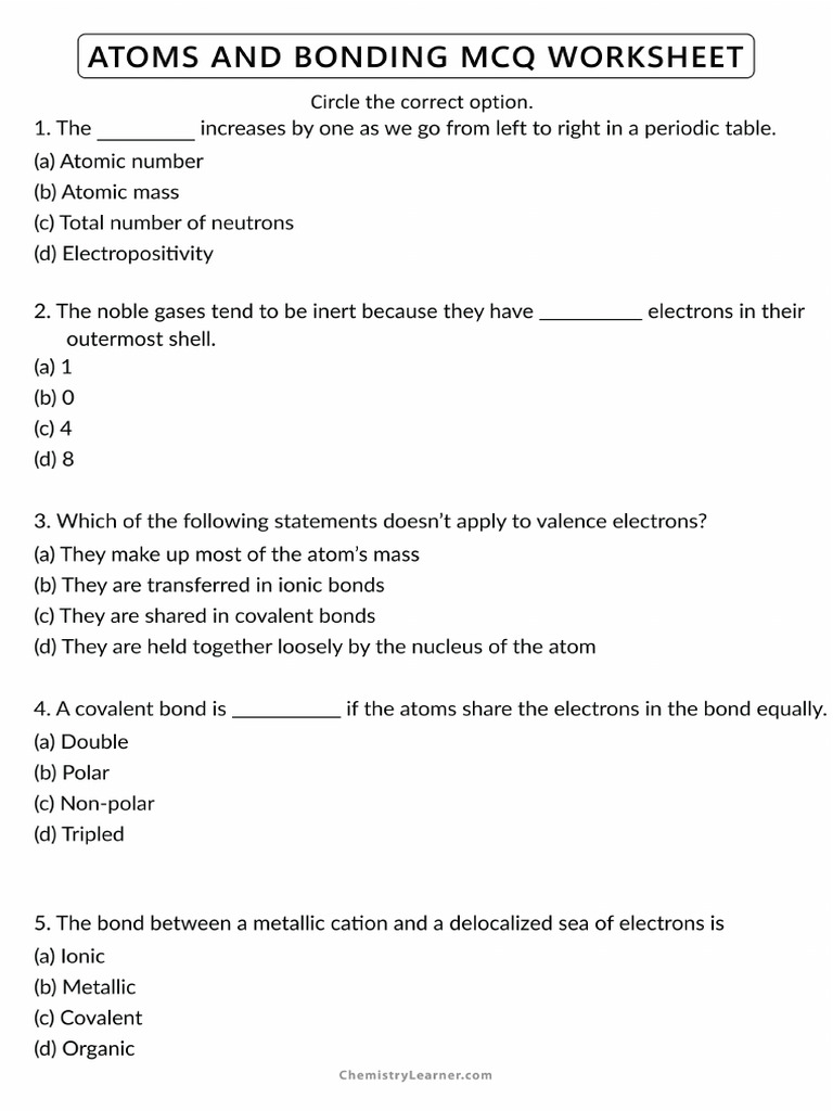 Atoms and Bonding Worksheet | PDF