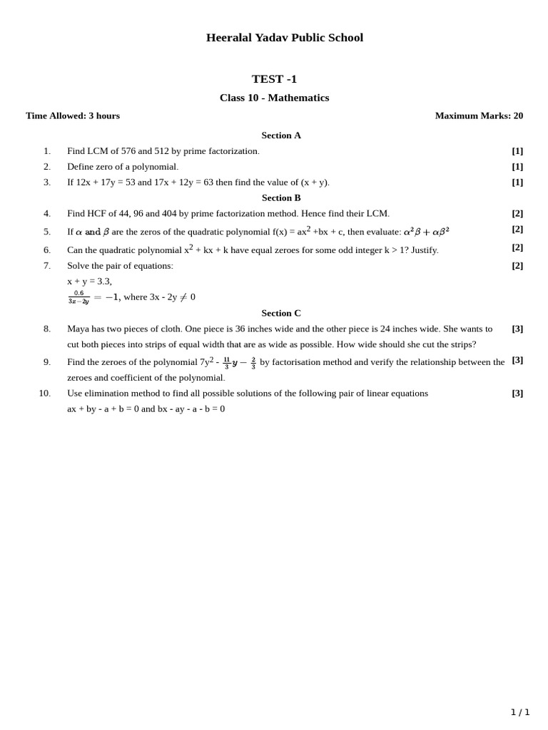 Maths Paper Class X | PDF | Factorization | Polynomial
