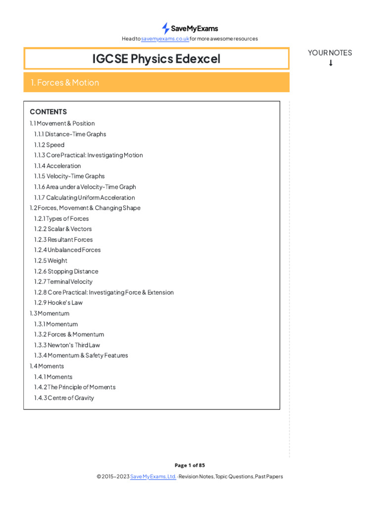 IGCSE Physics Edexcel: 1. Forces & Motion | PDF | Force | Acceleration