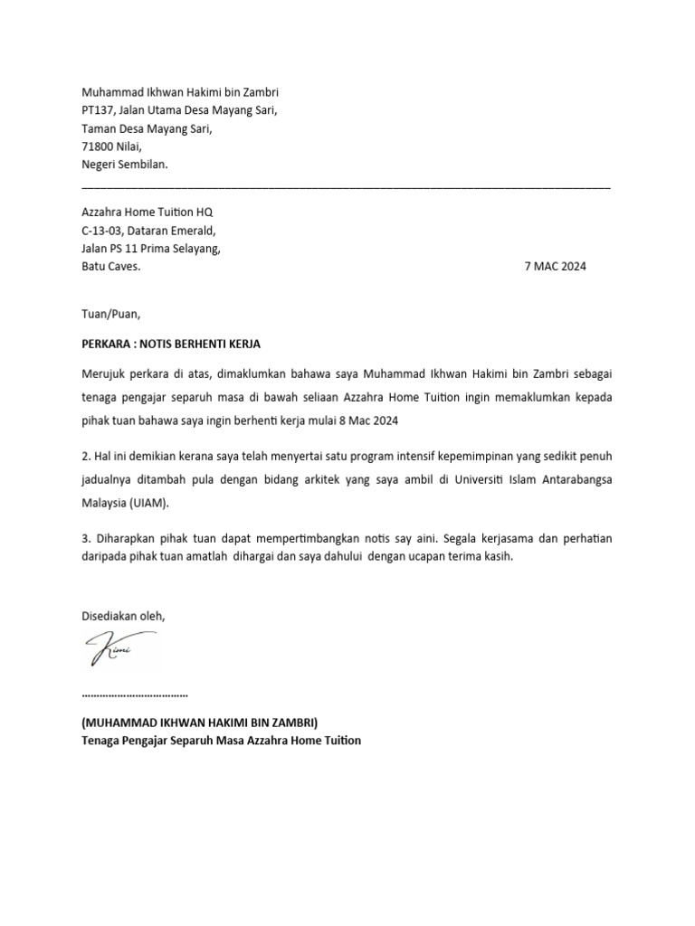 Notis Berhenti Kerja Pdf