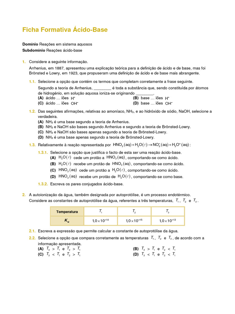 Ficha Formativa_Ácido_Base | PDF | Ácido | Compostos químicos