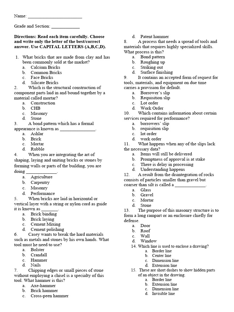 Masonry-summative Test 1 | PDF | Brick | Masonry