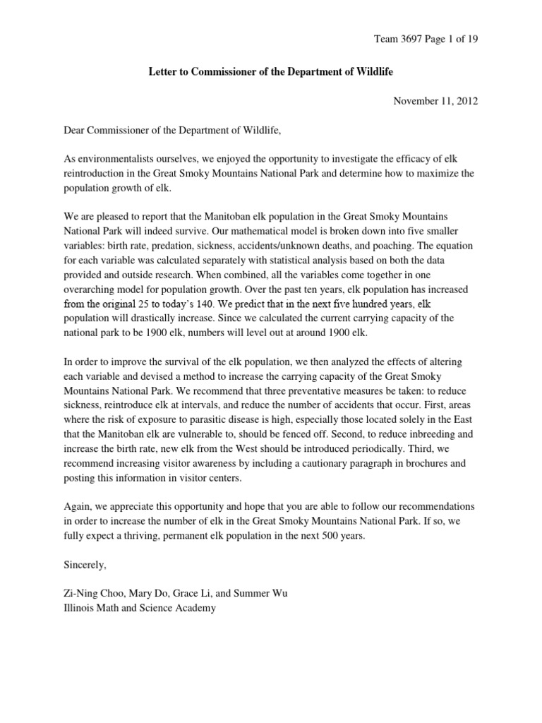 Letter To Commissioner of The Department of Wildlife | Download Free ...