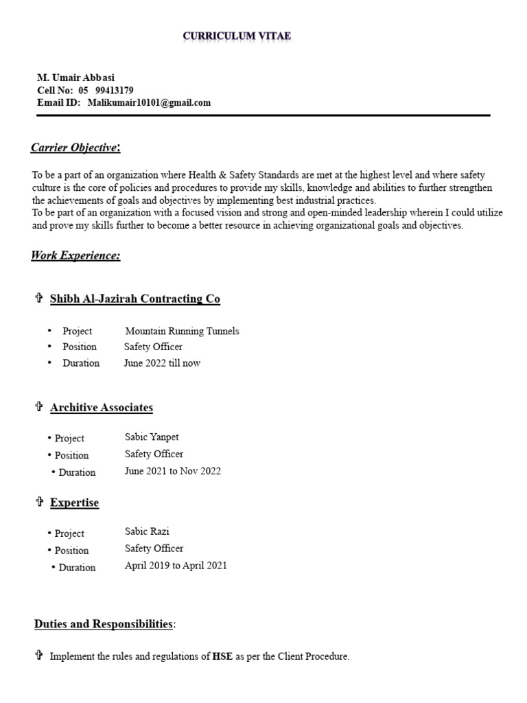 M. Umair Abbasi Updated CV. | PDF | Occupational Safety And Health | Safety