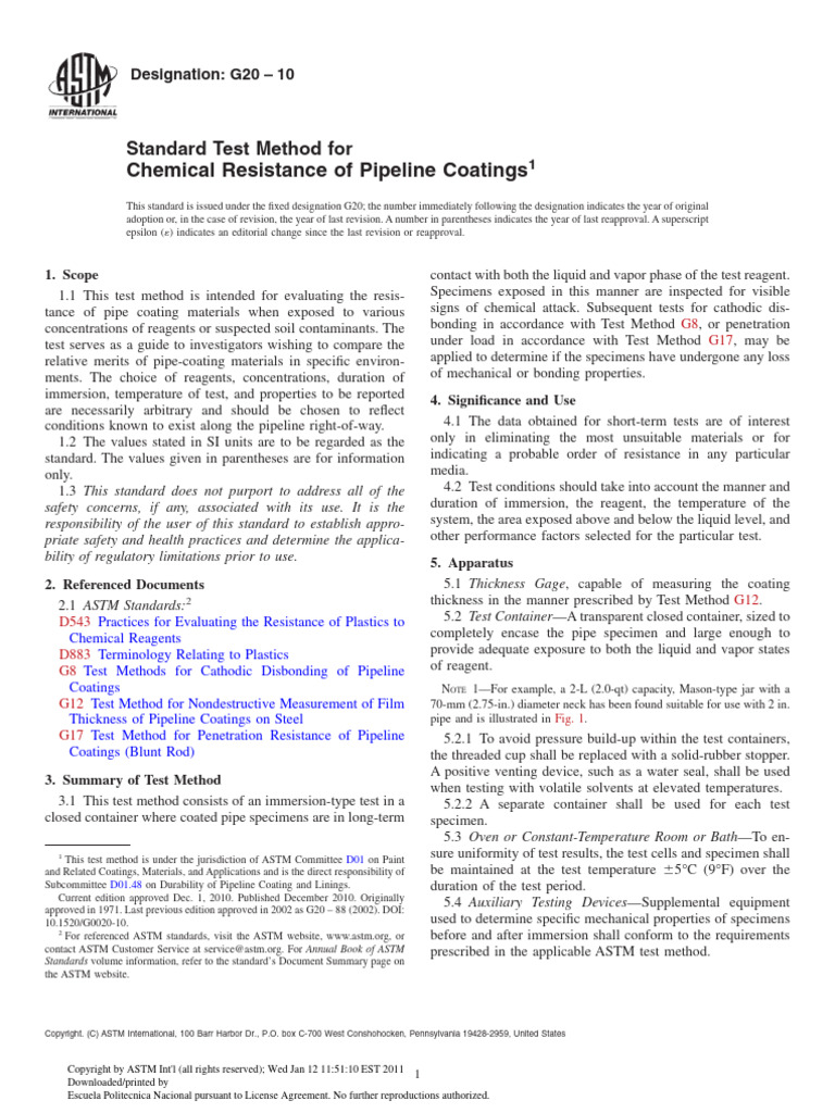 Chemical Resistance of Pipeline Coatings: Standard Test Method For ...