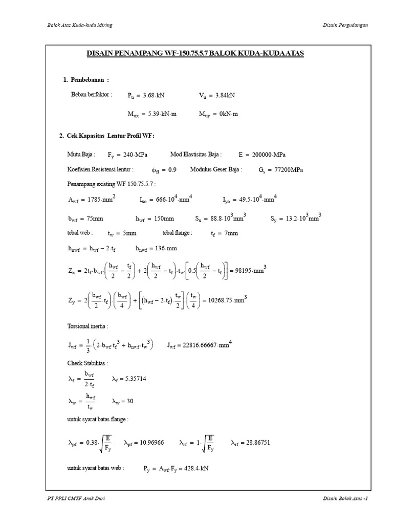 Mathcad - BALOK KUDA KUDA DEPAN WF-150.75 | PDF