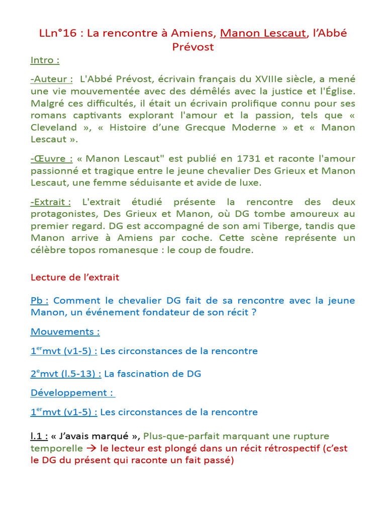 Lecture Lineaire La Rencontre A Amiens Manon Lescaut L Abbe Prevost | PDF