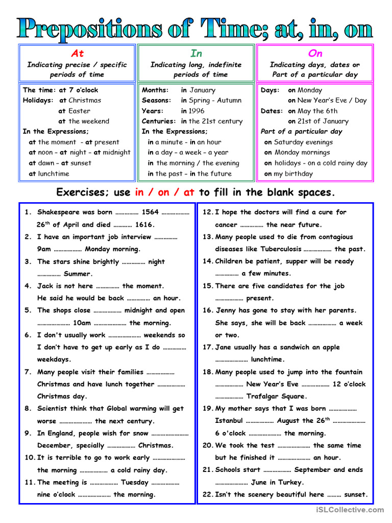 Prepositions of Time | PDF | Lunch | Workweek And Weekend