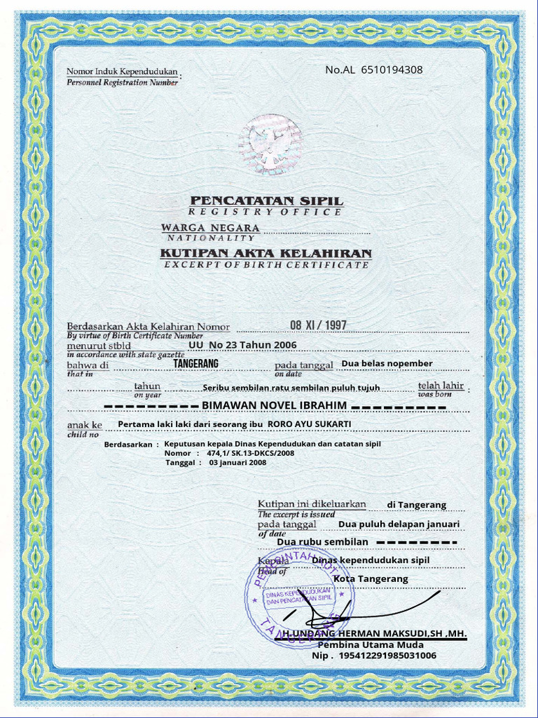 Akta Lahir Bima PDF | PDF