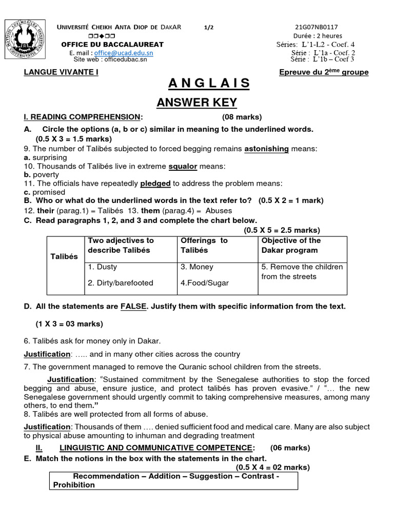 Corrige Epreuve Bac 2021 Anglais L'1-L2-Lib-L1b 2eme Groupe Sénégal | PDF